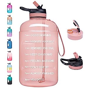 Venture Pal Half Gallon Water Bottle with 2 Lids, Large 64 oz Water Jug with Motivational Time Marker to Ensure You Drink Enough Water-Light Pink