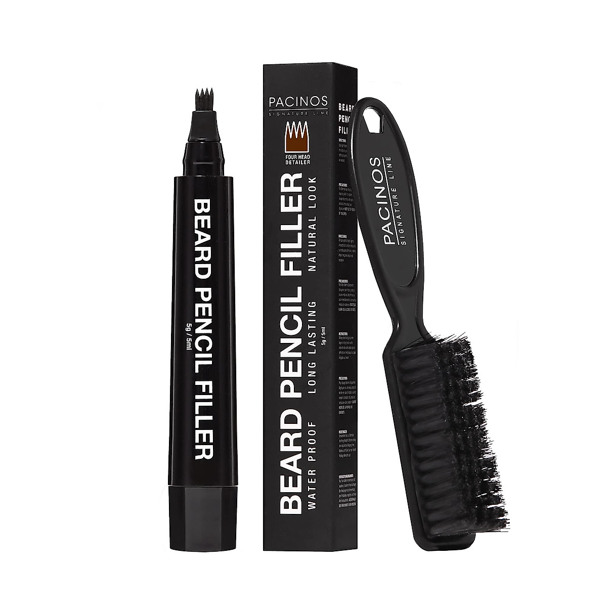 Pacinos Beard Pencil Filler - Water Proof, Long Lasting Coverage & Natural Finish - Beard, Moustache & Eyebrows - Micro-Fork Tip for Seamless Application - Bristle Brush Included (Dark Brown)