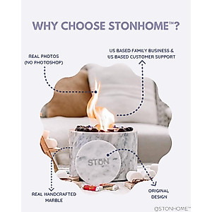 Stonhome Tabletop Fire Pit Bowl - The Original Marble Portable Fireplace, Indoor Outdoor, Mini Fire Pit Clean Burning Real Flame for Patio Balcony, S’Mores Maker (White)