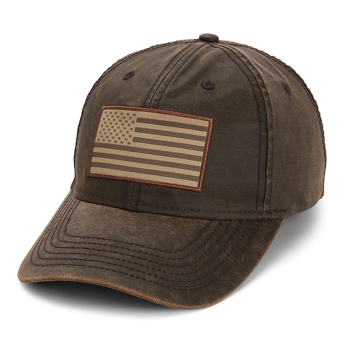 Waxed Cloth American Flag Cap American Fit US Flag Cap Fits Head Size MD - 2X (Brown)