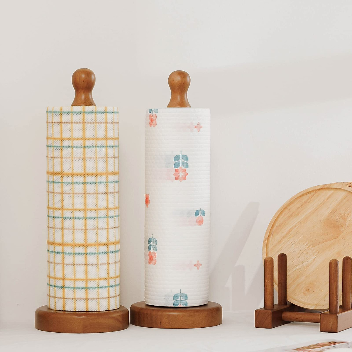 Goodsdeco Wooden Paper Towel Holder - Paper Towel Hanger Rack, Countertop Kitchen Paper Towel Dispenser, Standing Paper Towel Roll Hanger, Rubberwood Paper Towel Holder (Walnut)