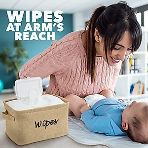 Dejaroo - Baskets for Organizing Wipes and Newborn Essentials, Diaper and Wipes Organizer, Embroidered Baby Shower Gifts for Moms, Linen Basket with Handle, 9 x 6 x 5.5 Inches, Natural