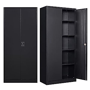BYNSOE 71" Metal Storage Locker Metal Garage Locker Cabinets with Locking Door and 4 Adjustable Shelves, Steel Classic Storage Cabinet for Home, School, Office, Garage (Black-Style 1)
