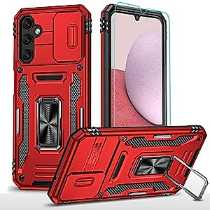 Samsung A14 5G Case, Galaxy A14 5G Case with HD Screen Protector, Androgate Military-Grade Metal Ring Holder Kickstand 15ft Drop Tested Shockproof Cover Case for Samsung Galaxy A14 5G Red