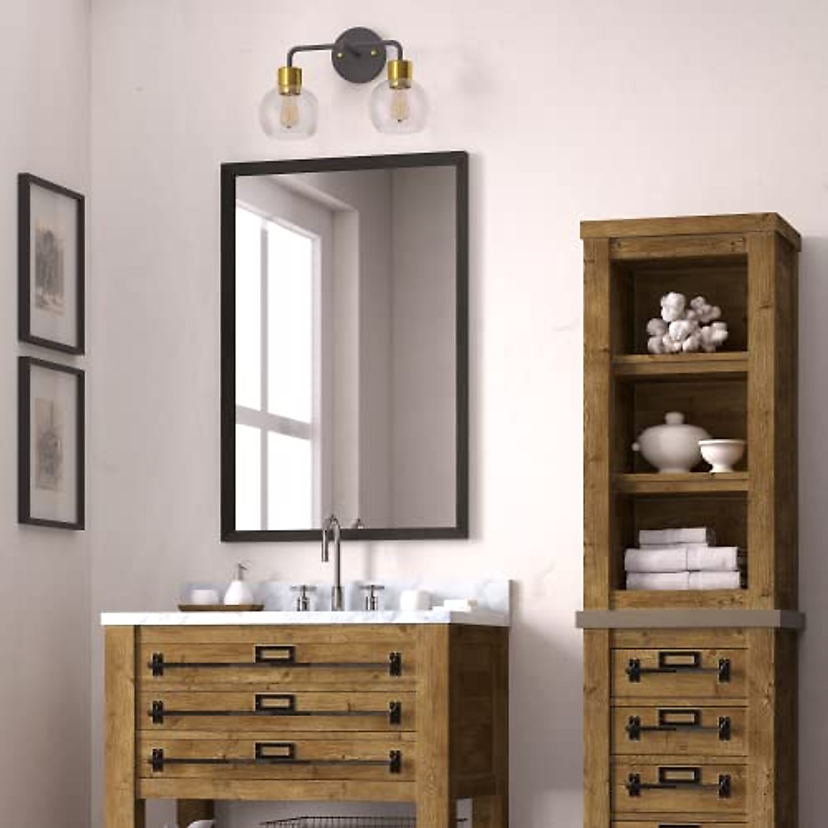 Inlight 16" Wide Black and Brushed Gold 2-Light Vanity Bath Light with Clear Seedy Glass Globe Shades, Bulb Not Included, IN-0443-2-GD