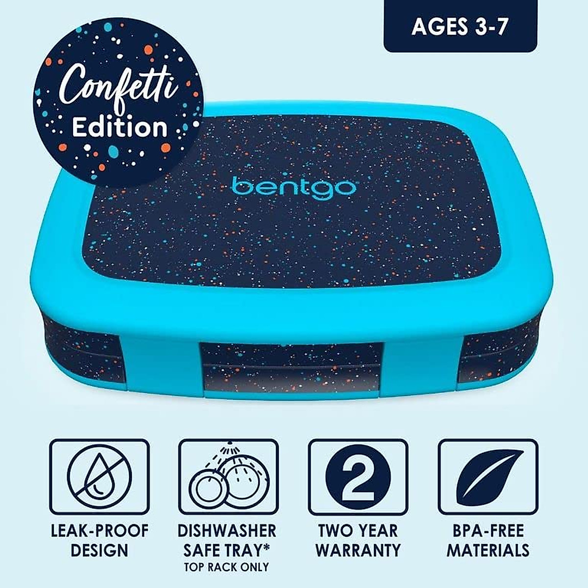 Bentgo® Kids 5-Compartment Lunch Box Set With Insulated Lunch Bag and 2-in-1 Backpack & Insulated Lunch Bag (Confetti Edition - Abyss Blue)