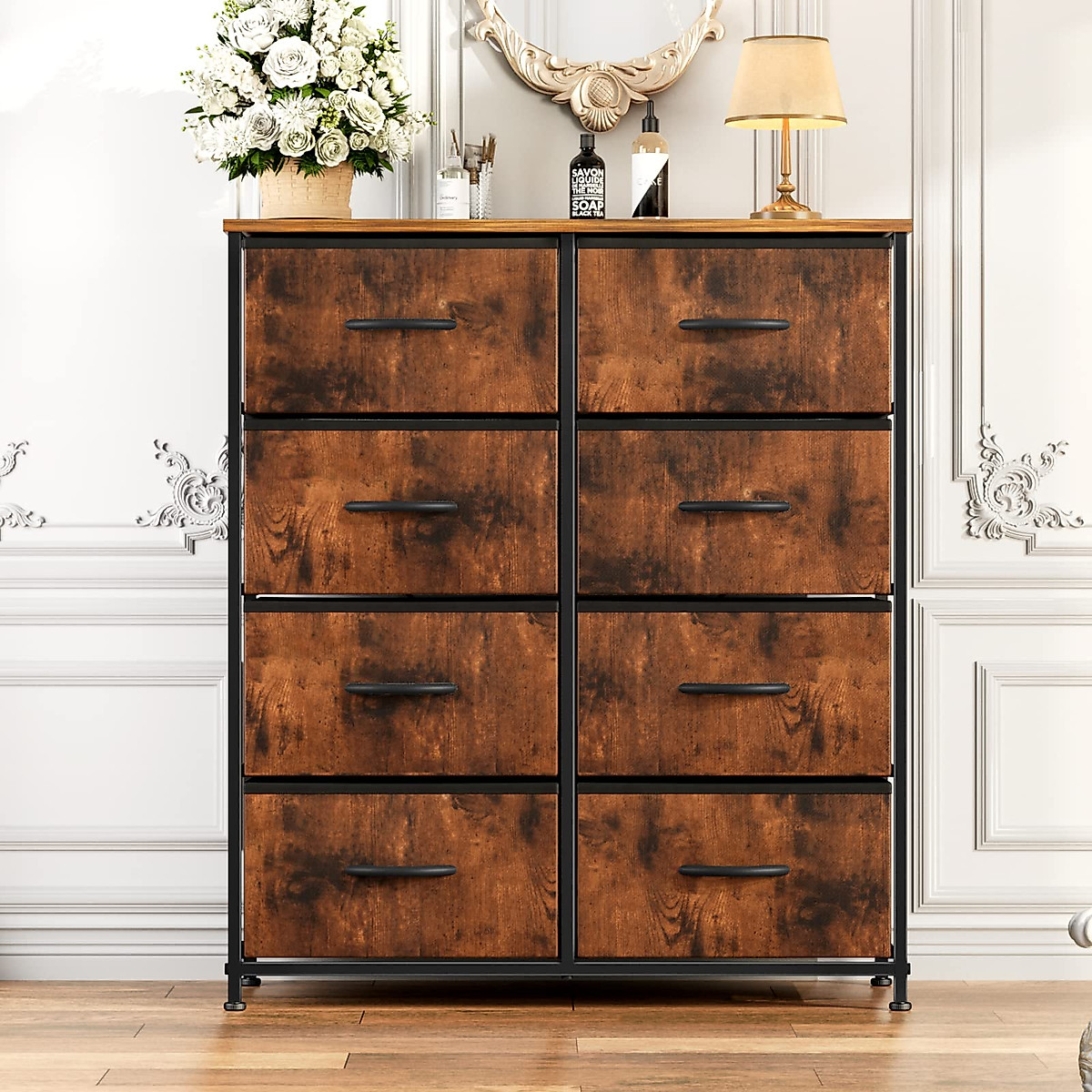 SMUG Dresser for Bedroom Cabinet Organizers Wood Top Table Furniture with 8 Fabric Storage Tower Unit, Chest of Drawers for Closet, Living Room, Hallway, Porch, Rust Brown