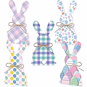 5 Pcs Easter Bunny Table Wooden Signs Buffalo Plaid Spring Bunny Centerpiece Tabletop Rabbit Easter Party Wood Ornament Reversible Dining Room Double Printed Freestanding Table Decor with Rope
