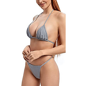 Reflective Rave Outfits for Women - Sexy Shiny Festival Halter Triangle Top Thong EDM Night Metallic Bikini Set(Silver,XS,1036e)