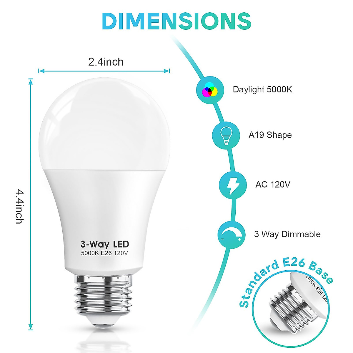 Gonhom 3 Way LED Light Bulbs 50 100 150W Equivalent, Daylight White 5000K 3 Way Light Bulbs, A19 Three Way Light Bulbs,E26 Base 3-Way Light Bulbs for Reading,Living Room-2 Pack