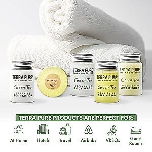 Terra Pure Hotel Soaps and Toiletries Bulk Set | 1-Shoppe All-In-Kit Amenities for Hotels | 1oz Hotel Shampoo & Conditioner, Body Wash, Body Lotion & 1.25oz Bar Soap Travel Size | 150 Pieces