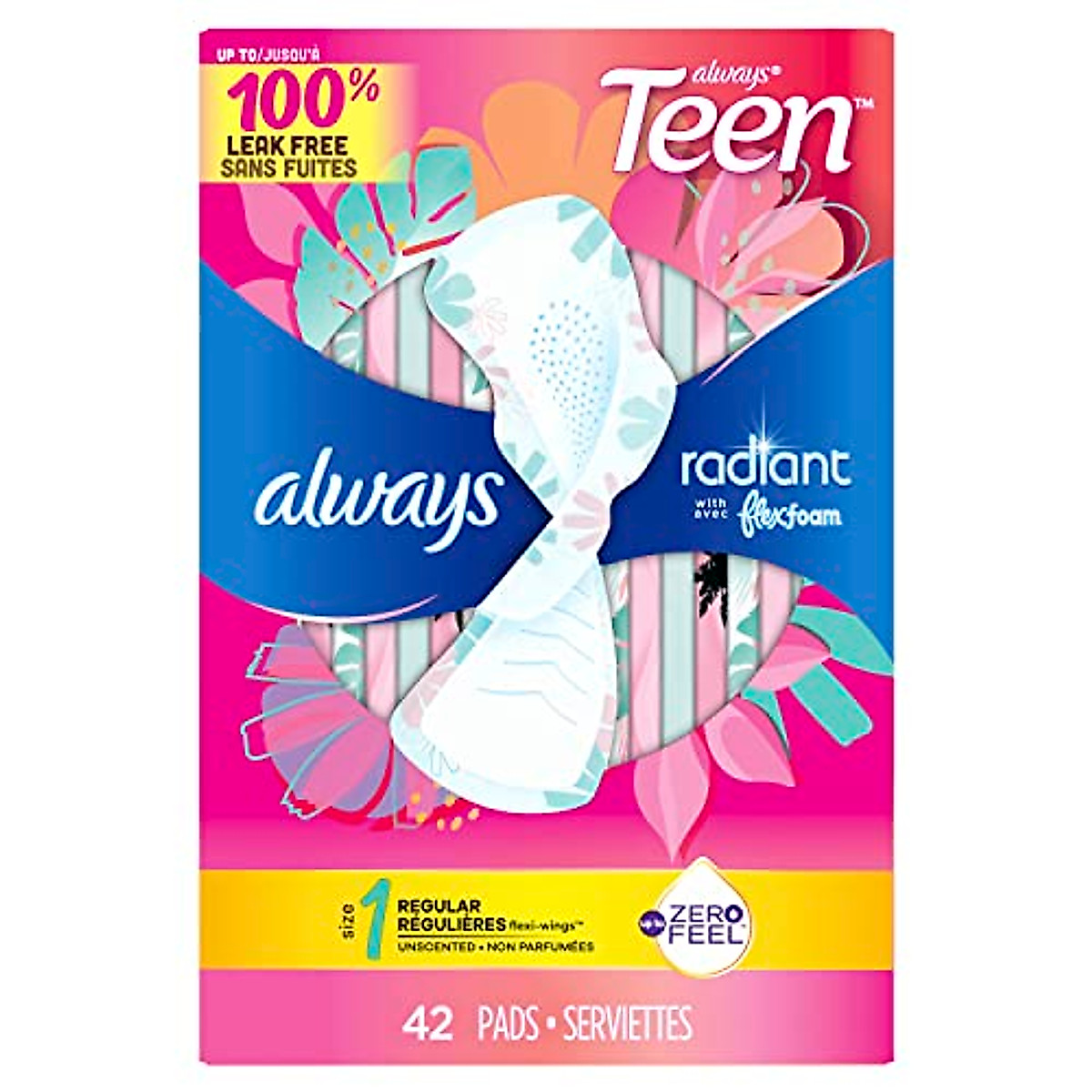 Always Radiant Teen Feminine Pads For Women, Size 1 Regular Absorbency, With Flexfoam, With Wings, Unscented, 42 Count