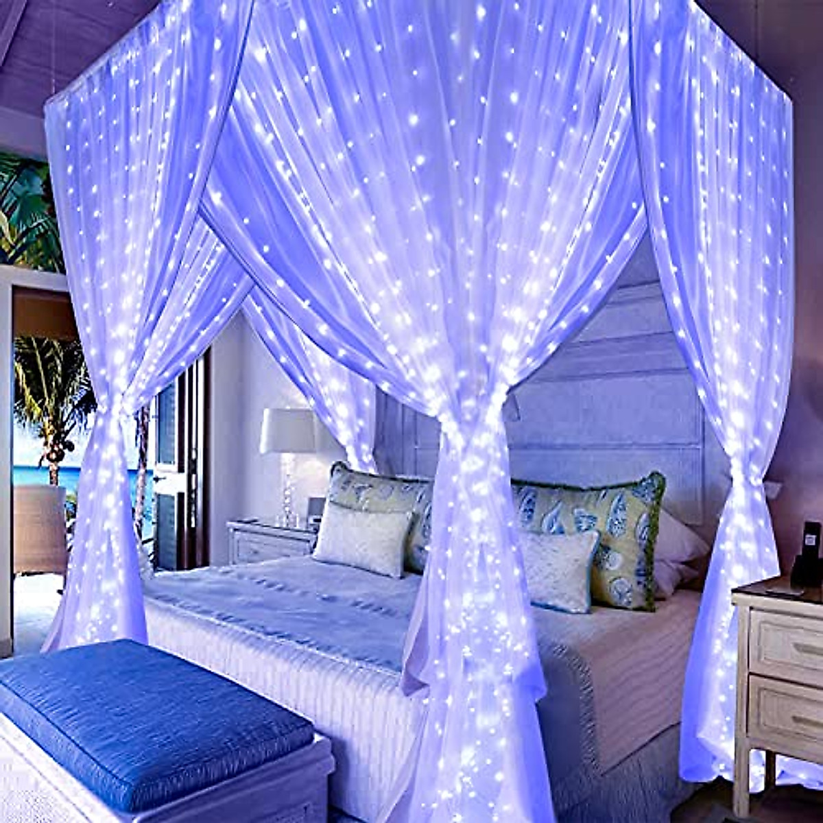 SVNOOC 300LED Fairy Curtain Lights USB Plug in 8 Modes Window Wall String Hanging Lights with Remote for Bedroom, Indoor, Outdoor, Weddings, Christmas, Party Decorations (Fairy White Cold)