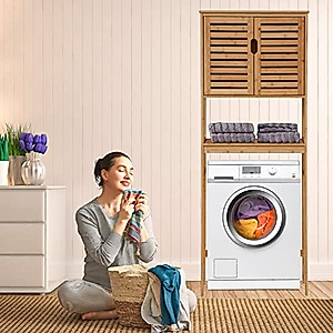 Kinfant Over The Toilet Storage Cabinet - with Adjustable Shelf and 6 Hooks Space Saver Double Door Organizer, Natural