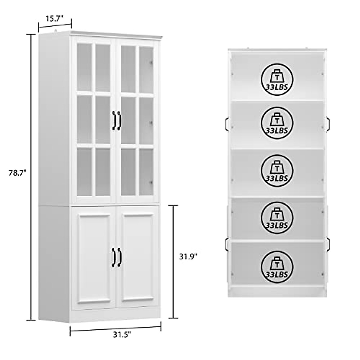Homsee Tall Bookcase Bookshelf with 5-Tier Shelves & 2 Glass Doors, Wooden Display Storage Cabinet for Home Office, Living Room, White (31.5”W x 15.7”D x 78.7”H)