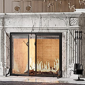 Kingson 37.8x30.7 in Fireplace Screen with Doors, 2-Pannel Handcrafted Solid Wrought Iron Decorative Mesh Classic Fire Spark Guard-Black