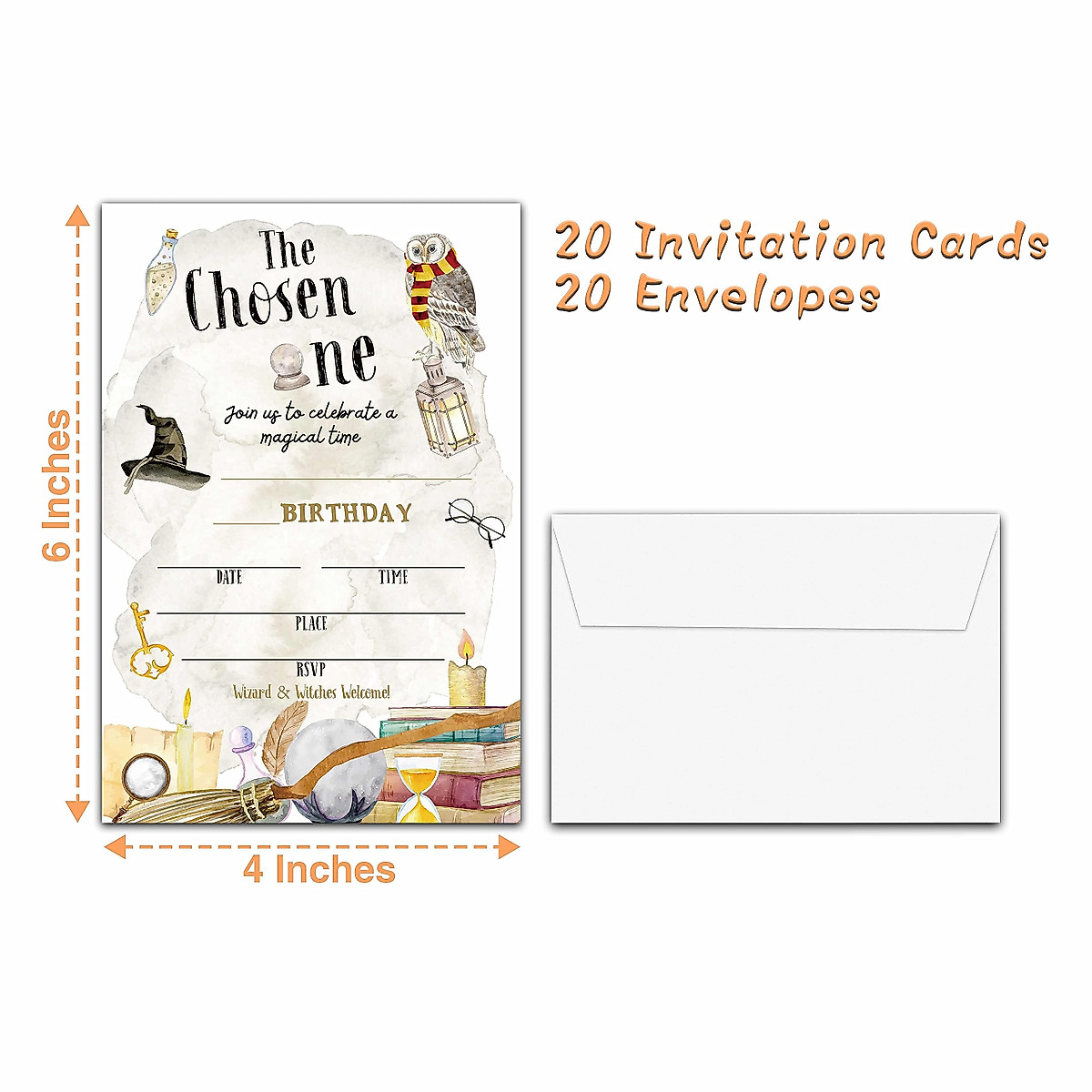 YQV Magical Wizard Birthday Invitations Cards, 4"x 6" Magician Owl Birthday Party Invites with Envelopes for Halloween Party Decorations Supplies (20 Pieces) - A05