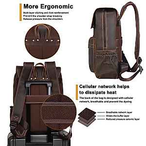 Vintage Full Grain Leather 15.6 Inch Laptop Backpack for Men Casual Travel Work Bag Bookbag Daypack with YKK Zipper Brown, Large