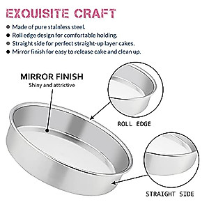 E-far 8 Inch Cake Pan Set of 3, Stainless Steel Round Layer Cake Baking Pans, Non-Toxic & Healthy, Mirror Finish & Dishwasher Safe