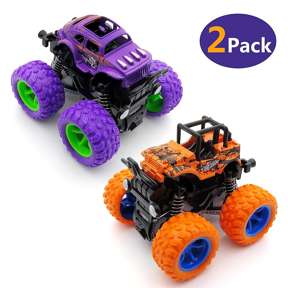 2PCS Monster Trucks Toys for BoysGirls - Friction Cars Monster jam Playset, and Wheels Monster for Kids Age 3 4 5 6 Year Old Gifts for Kids Birthday Christmas (Purple and Orange)
