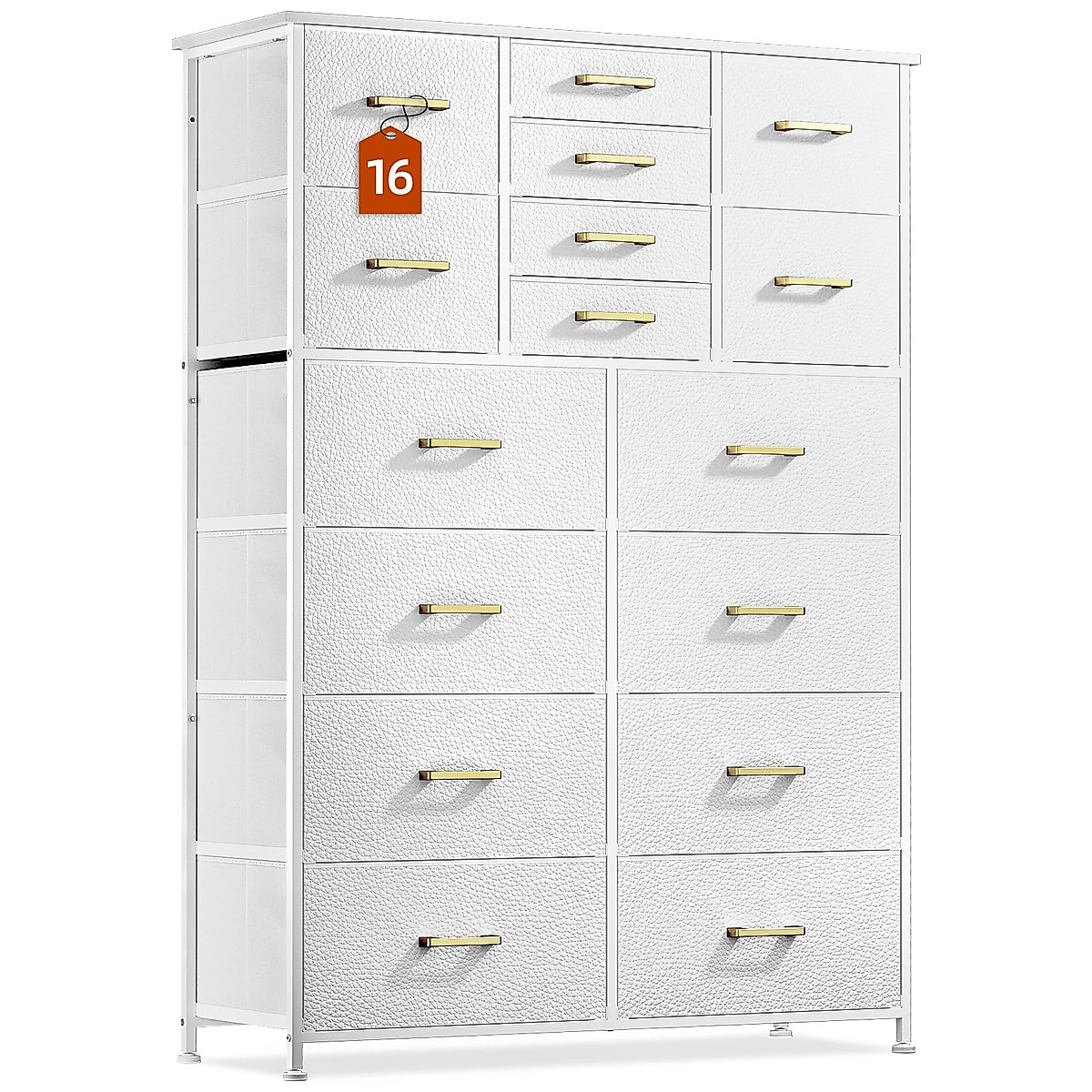 GipGiper 16 Drawers Dresser for Bedroom, Tall Dresser with Large Capacity Fabric Drawer Chest of Drawers for Closet, Living Room, Hallway, Kid Room, Leather Finish, Wood Top White