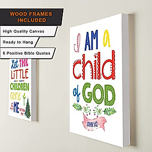 Sunday School Decorations for Classroom, Framed Bible Verse Wall Decor for Kids Room, Christian Religious Wall Art Canvas for Nursery Playroom Bedroom (Set of 6, 8X10in, Framed)