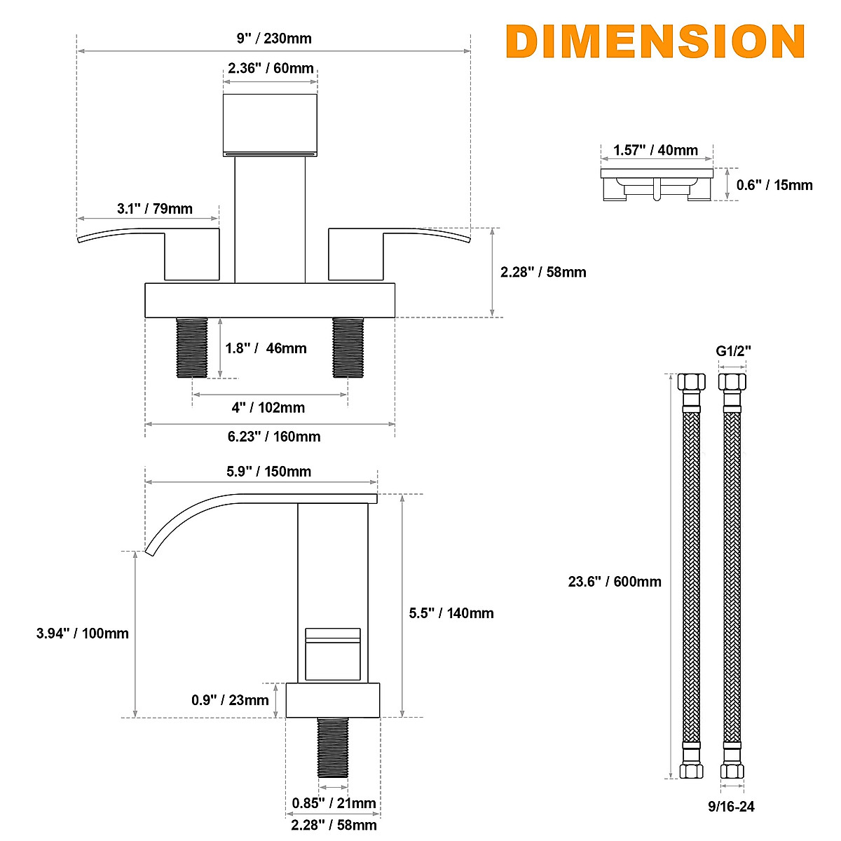 TIORIY Matte Black 2-Handle Bathroom Faucet - 4 Inch Centerset Sink Faucet, 3 Hole Widespread Waterfall Bathroom Sink Faucet, Lavatory Vanity Faucet with Supply, Stainless Steel Washbasin Faucet