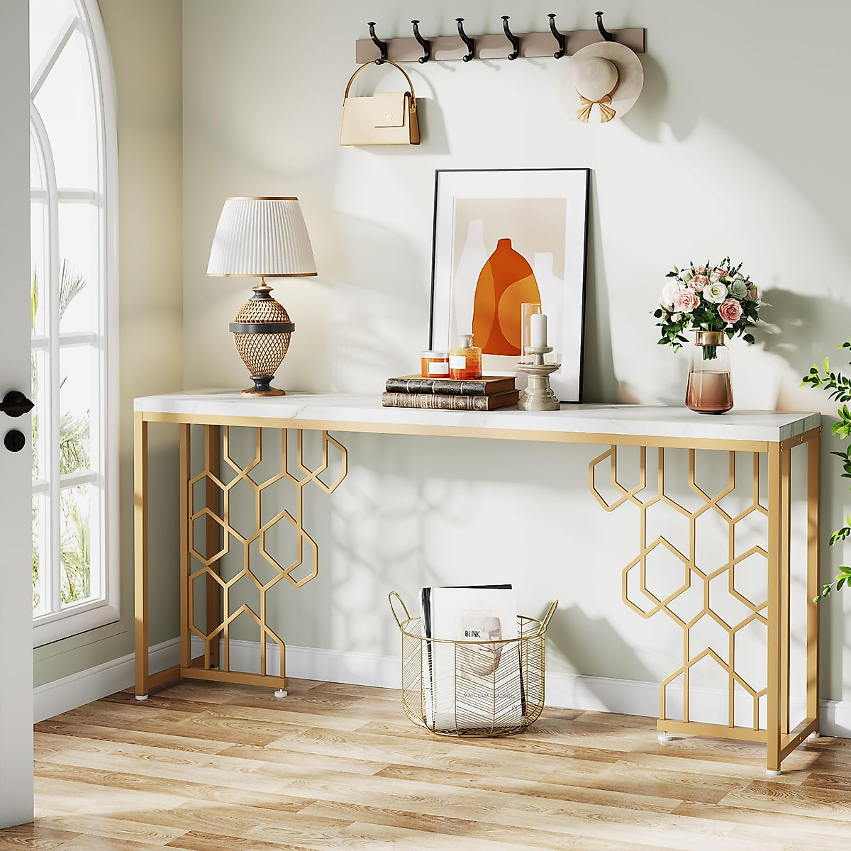 Tribesigns Modern Console Table, 70.87" Long Entryway Table for Living Room, Hallway, Entrance, Front Door, Foyer Sofa Table with Geometric Gold Frame & Faux Marble White Tabletop