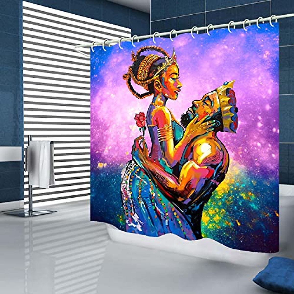Traditional African American Shower Curtains for Bathroom, African Bathrooom Sets with Shower Curtain and Rugs, Black Girl Shower Curtain Bathroom Set (Violet)