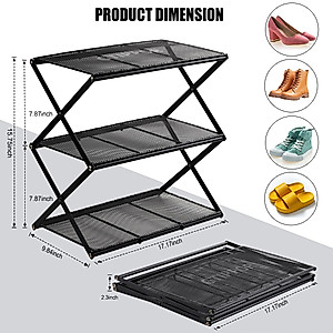 GTIPPOR Small Shoe Rack for Entryway - 3 Tier Shoe Organizer Metal Foldable Shoes Storage Rack, Zero Tool Install, Sturdy Shoe Rack for Closet, Front Door Entrance, Living Room - Space Saving, Black