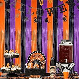 ORG Orange Purple and Black Foil Fringe Backdrop Curtains,2 Pack 3.3ftx8.2ft Halloween Tinsel Streamers Party Decortions, Photo Booth Props Backdrop for Birthday Anniversary Halloween Party Decoration