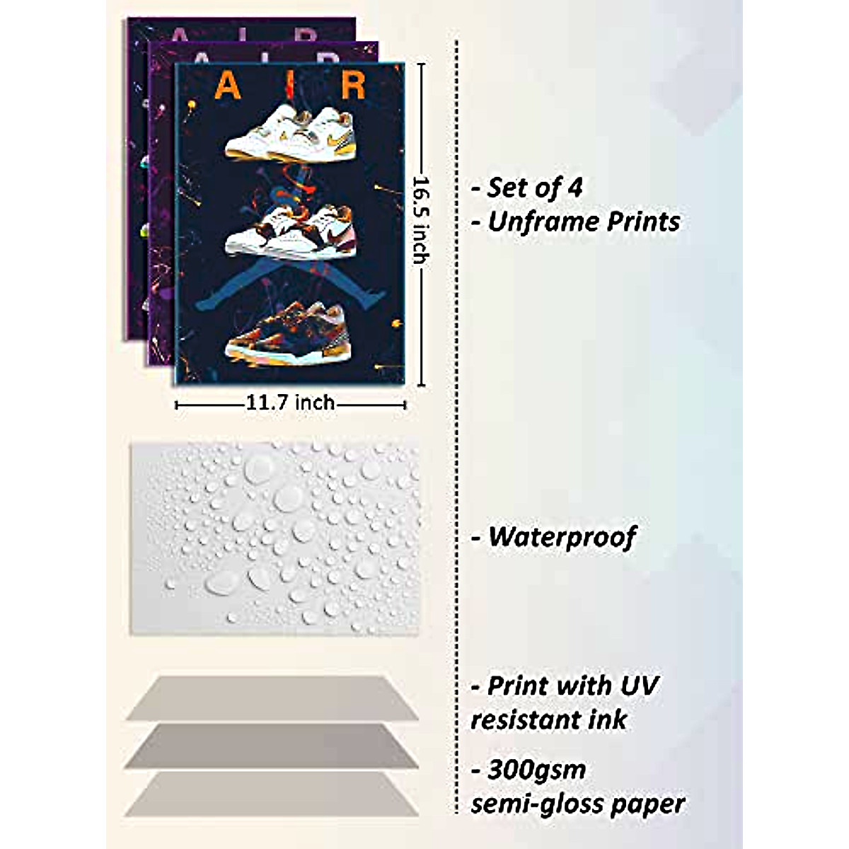 Sneaker Air Jordan Wall Art Poster Prints Set of 4 No1, Shoes Poster Art Sports, Themed Wall Art For Basketball fans Boys Room, Shoes Collection Aesthetic Cool Poster for Teen Boys Guys Men Room Dorm Bedroom Wall Decor Size 11.7x16.5 inch UNFRAMED (Sneake