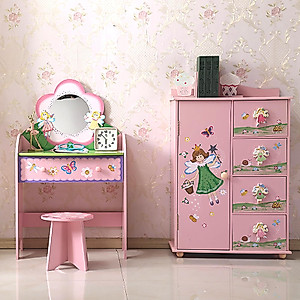 lukazoo Kids Vanity Set with Mirror and Stool, Beauty Makeup Vanity Table with Large Drawer and Chair Set for Toddlers and Kids, Wooden Girls Makeup Dressing Table