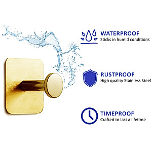 Heavy Duty Adhesive Metal Hooks for Hanging Hats, Garage Tools, Shower Accessories - Set of 6 Storage Hangers for Closet Entryway Organization, Wall Mount Peg Coat Rack, Bathroom Towel Holder (Gold)