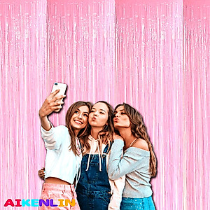 4 Pack 3.2Ft x 8.2Ft Pink Foil Fringe Curtain Backdrop, Metallic Tinsel Foil Fringe Streamers Curtains Background for Photo Booth, Birthday, Wedding, Halloween, Christmas Party Decoration