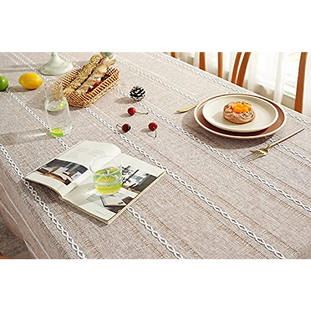Chassic Rustic Farmhouse Style Hemstitched Embroidered Linen Tablecloth, Wrinkle Resistant Washable Dining Room tablecloths for Rectangle Tables, 60 x 84 inches - Light Coffee