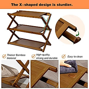 Small 3-Tier Shoe Rack for Closet & Entryway, Installation-free Foldable Bamboo Shoes Storage Organizer, Sturdy Free Standing Three Shelf Shoe Stand for 6-9 Pairs, Brown 20x17x9 Inches