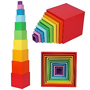 TOWO Wooden Stacking Boxes Rainbow Colours-Nesting and Sorting Cups Blocks for Toddlers-Stacking Cubes Educational Learning Toys for 2 Years Old Montessori Materials