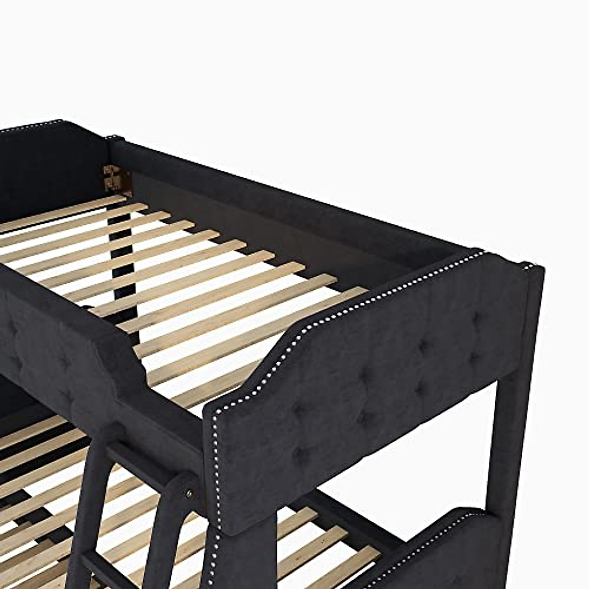 DEYOBED Twin Over Full Velvet Upholstered Bunk Bed with Trundle and Ladder, Tufted Button Design Wooden Bed Frame for Kids Teens Bedroom, Space Saving, Black