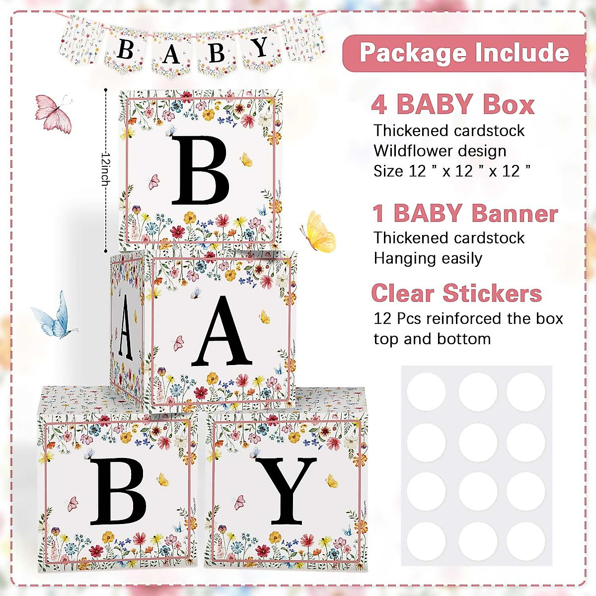 Heboland Wildflower Baby Shower Decorations Baby Boxes with Letters, 4 Pcs Baby in Bloom Thickend Cardstock Blocks Baby Banner, Box Clear Stickers for Girls Party Decor