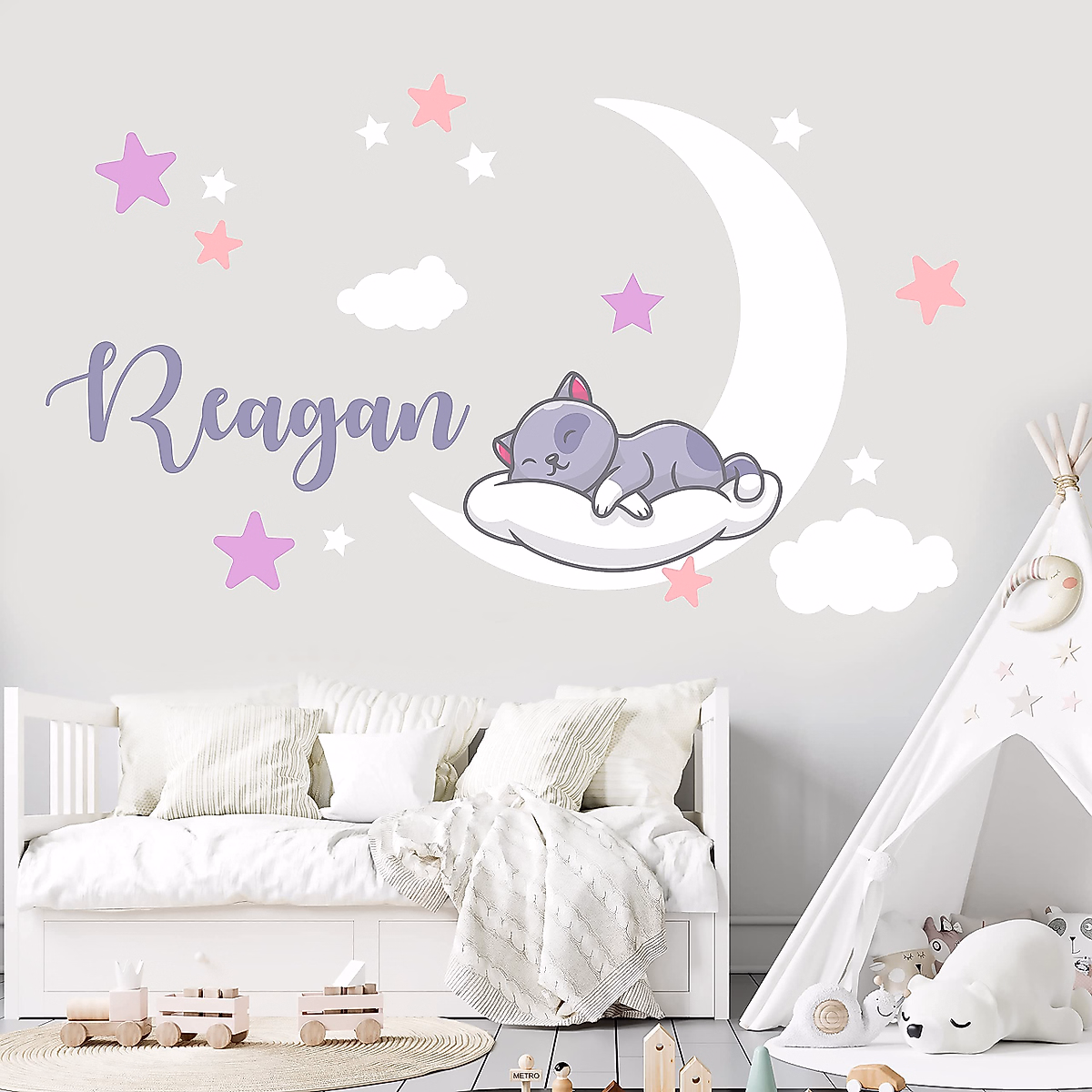 waldo Multiple Font Custom Name Moon Stars Nursery Theme Wall Decal - WM49G. Removable for Baby Room Mural Kids Girl Cat Girls Bedroom