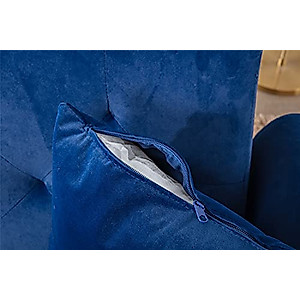 Woanke Mid Century Modern Velvet Fabric Home Living Room Bedroom, Convertible Futon Bed, Accent Sofa Recliner, Golden Metal Legs, 2 Couch Pillows, Navy