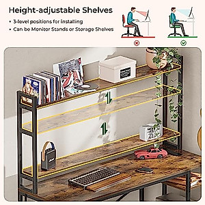 Huuger 55 inch Computer Desk with Adjustable Shelves, Gaming Desk with LED Lights & Power Outlets, Home Office Desk with Monitor Stand, Hooks & CPU Stand, Rustic Brown