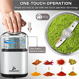 ZHENGHAI Electric Herb Grinder 200w Spice Grinder Compact Size, Easy On/Off, 2.8oz capacity. Fast Grinding for Flower Buds Dry Spices Herbs, with Cleaning Brush