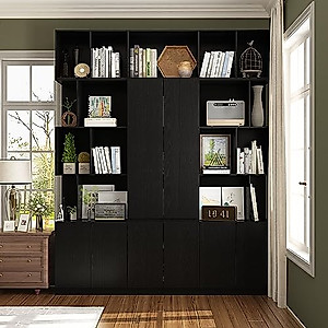 FAMAPY Bookshelf with Doors and Shelves, Wide Cube Storage Shelf Organizer, Bookcase with Book Shelves Shelving Units and Storage, Top Cube Storage, for Living Room Black (70.9”W x 11.8”D x 87”H)