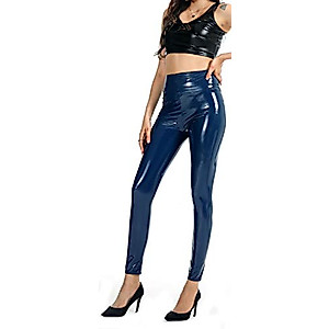 Falags High Waisted Faux Leather Leggings for Women Shiny Latex Pants Sexy Punk PU Tight Trousers, Navy, Medium