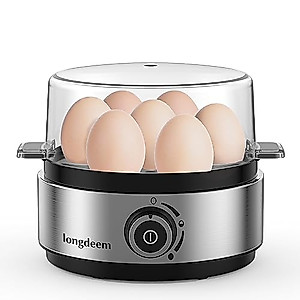 Electric Egg Cooker & Vegetable Steamer by Longdeem - Rapid Auto Shut-Off, 7 Egg Tray, BPA-Free, Stainless Steel - Includes Measuring Cup - Ideal for Poached, Soft, Medium & Hard Boiled Eggs