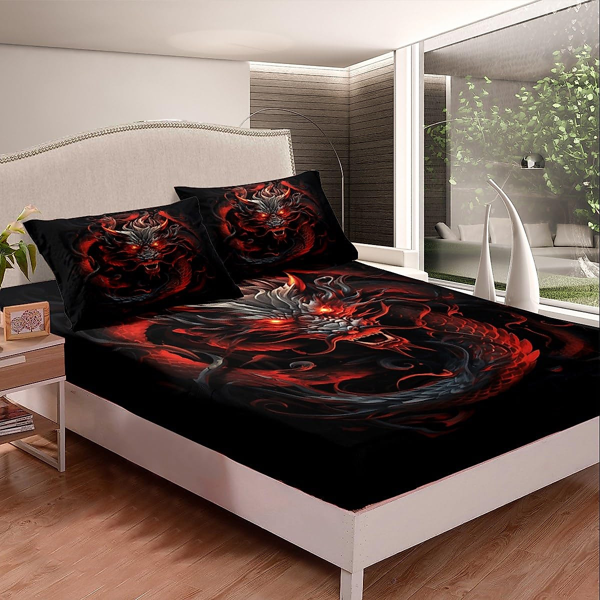 Red Black Dragon Fitted Sheet Queen Size,Glowing Flame Dragon Bedding Set 3Pcs for Kids Boys Men Adult Bedroom Decor,Wild Animals Bed Sheet Cool Magical Style Deep Pocket Sheet,2 Pillowcases