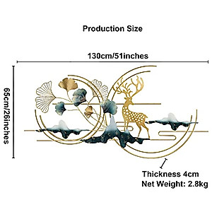 POCHY Metal Wall Art Ginkgo Leaf Wall Decoration Golden Deer Wall Art Wall-Mounted Sculpture for Sofa Background Study office 3D Hanging Size:130x65cm