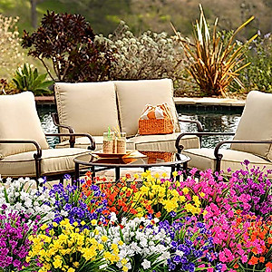 Grunyia Artificial Flowers, 20 Bundles Outdoor Fake Flowers for Decoration UV Resistant Faux Plastic Plants Garden Porch Window Box Décor (Blue)